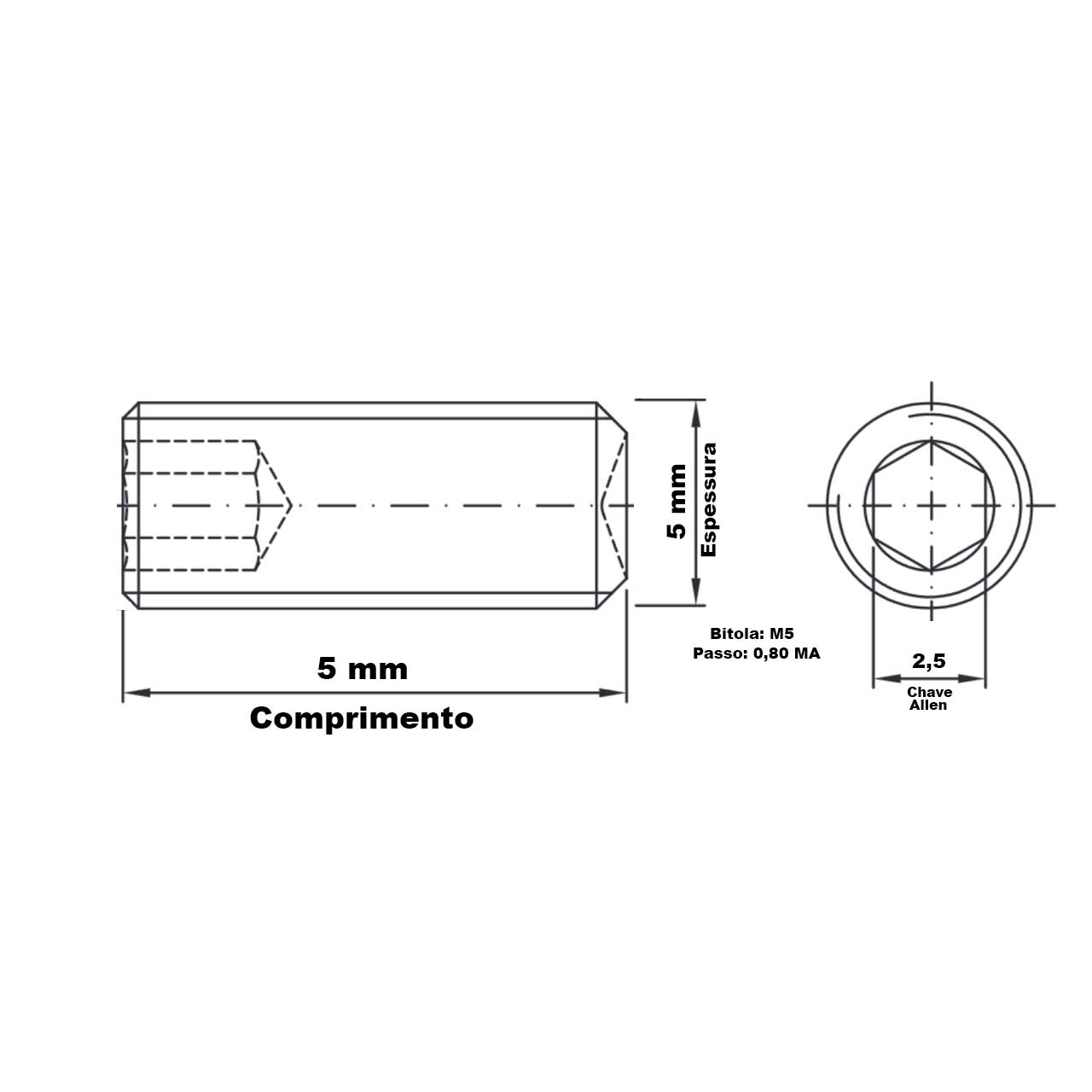 Parafuso Sextavado Interno Allen Sem Cabeça Aço Liga MA 5 x 5 DIN 916 ...