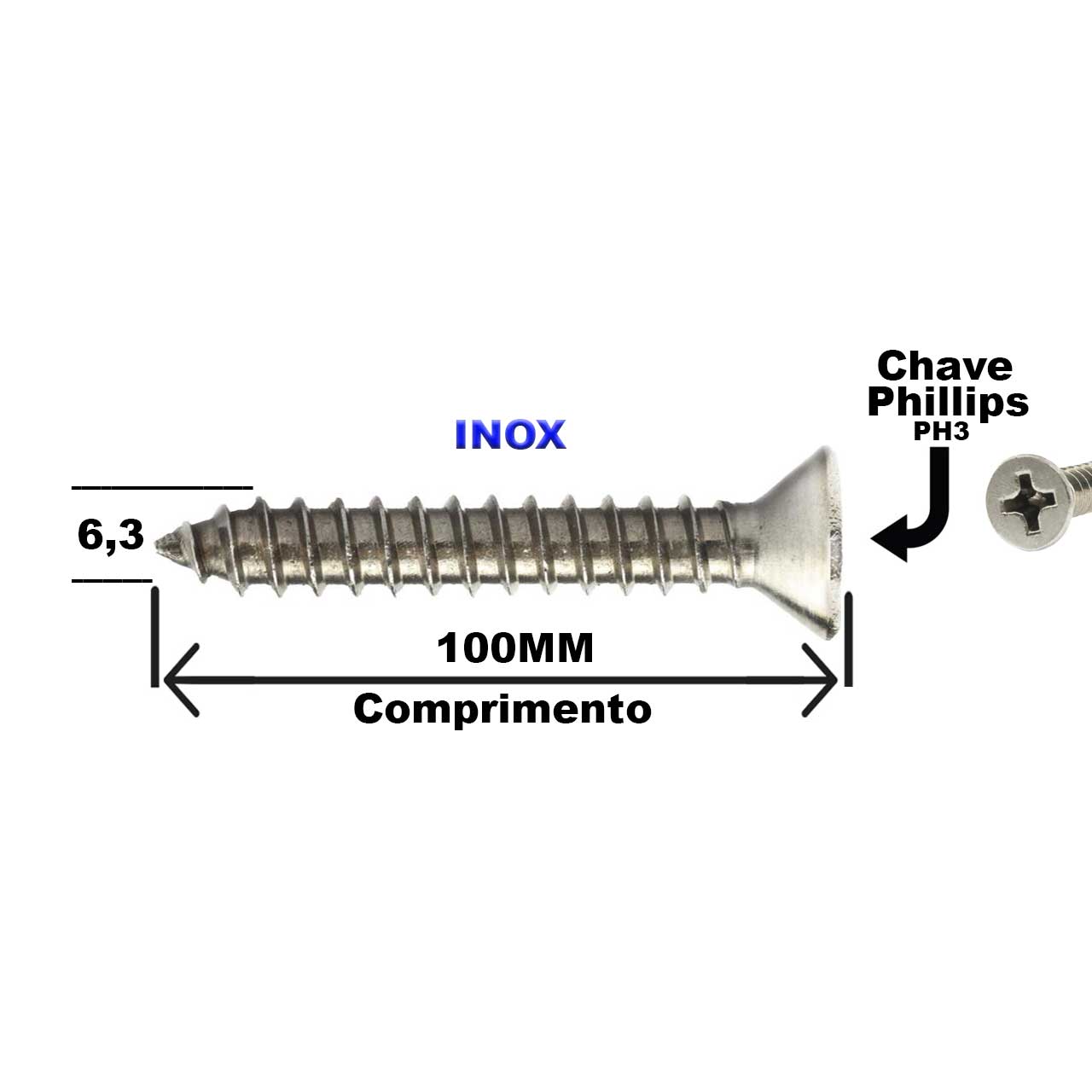 Parafuso Auto Atarraxante Cabeça Chata Phillips Inox A2 304 6,3 x 100 ...