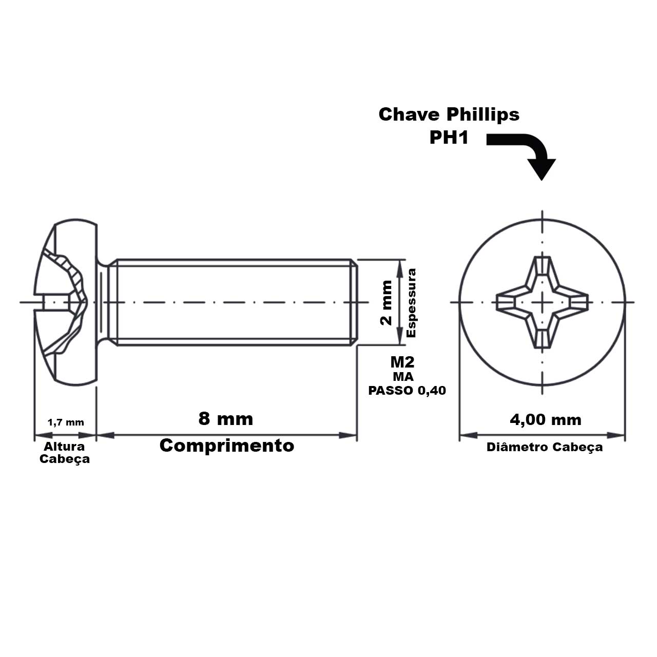 Parafuso Maquina Panela Bicromatizado Phillips M2 x 8MM Din 7985 (Din ...