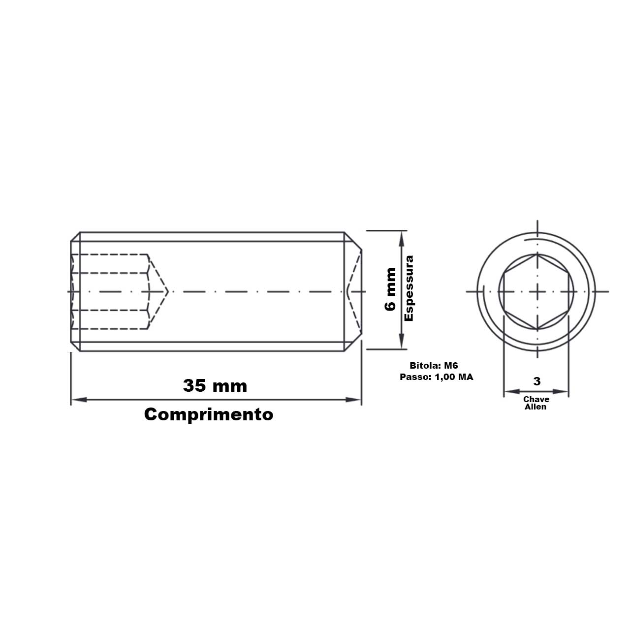 Parafuso Sextavado Interno Allen Sem Cabeça Aço Liga MA 6 x 35 DIN 916 ...